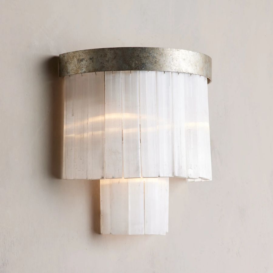 Eden Selenite Wall Sconce 14" | Silver White Stone 3-Light Dimmable ...